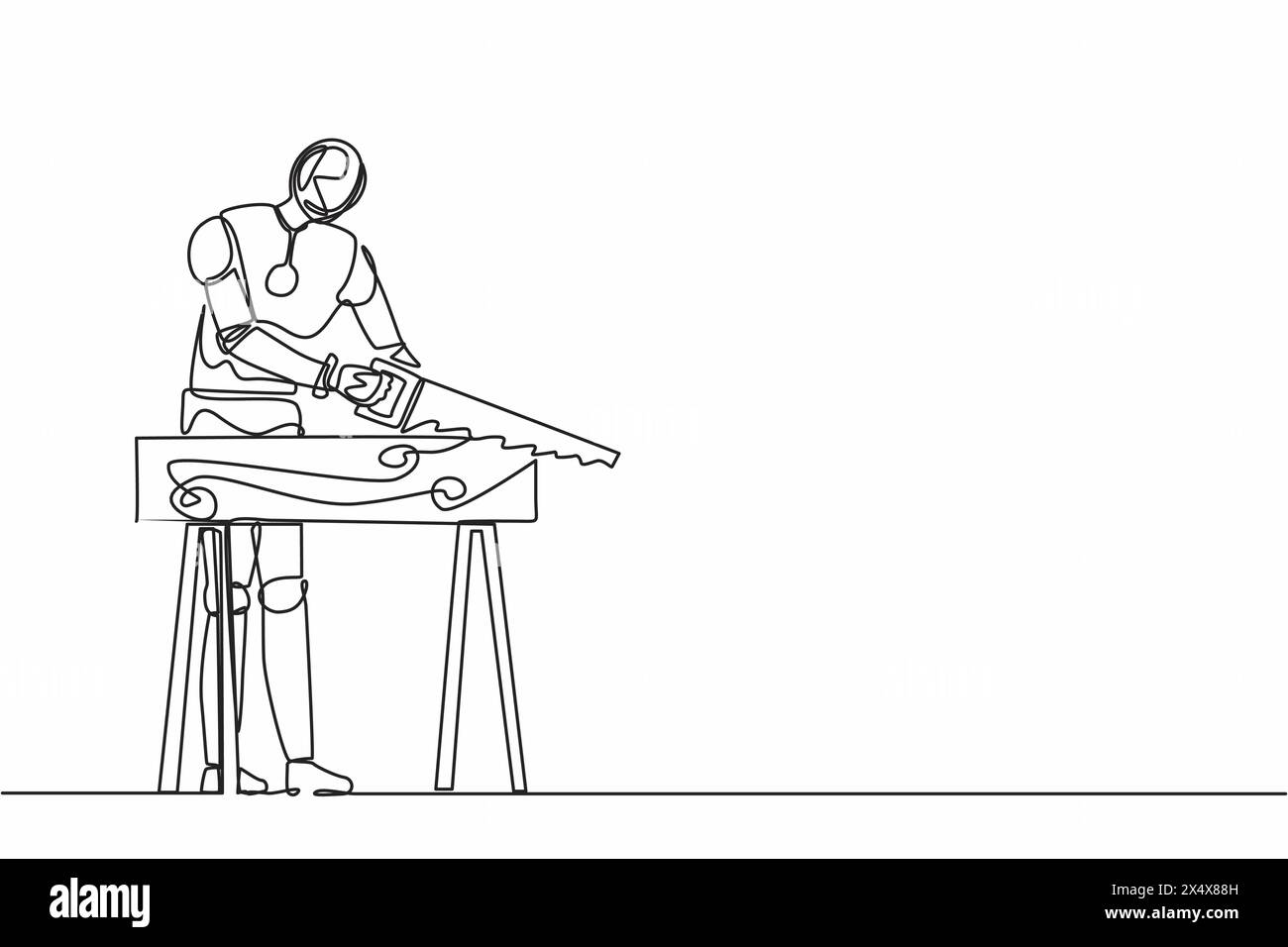 Single one line drawing robot repairman, builder or carpenter sawing ...