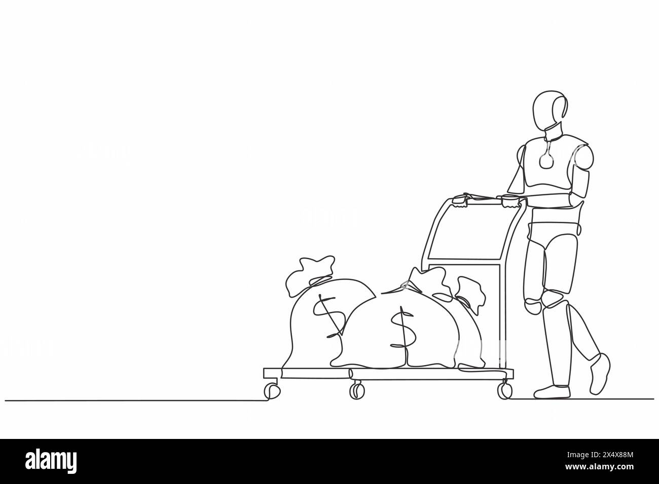 Single continuous line drawing robot push cart with money bags. Reward ...
