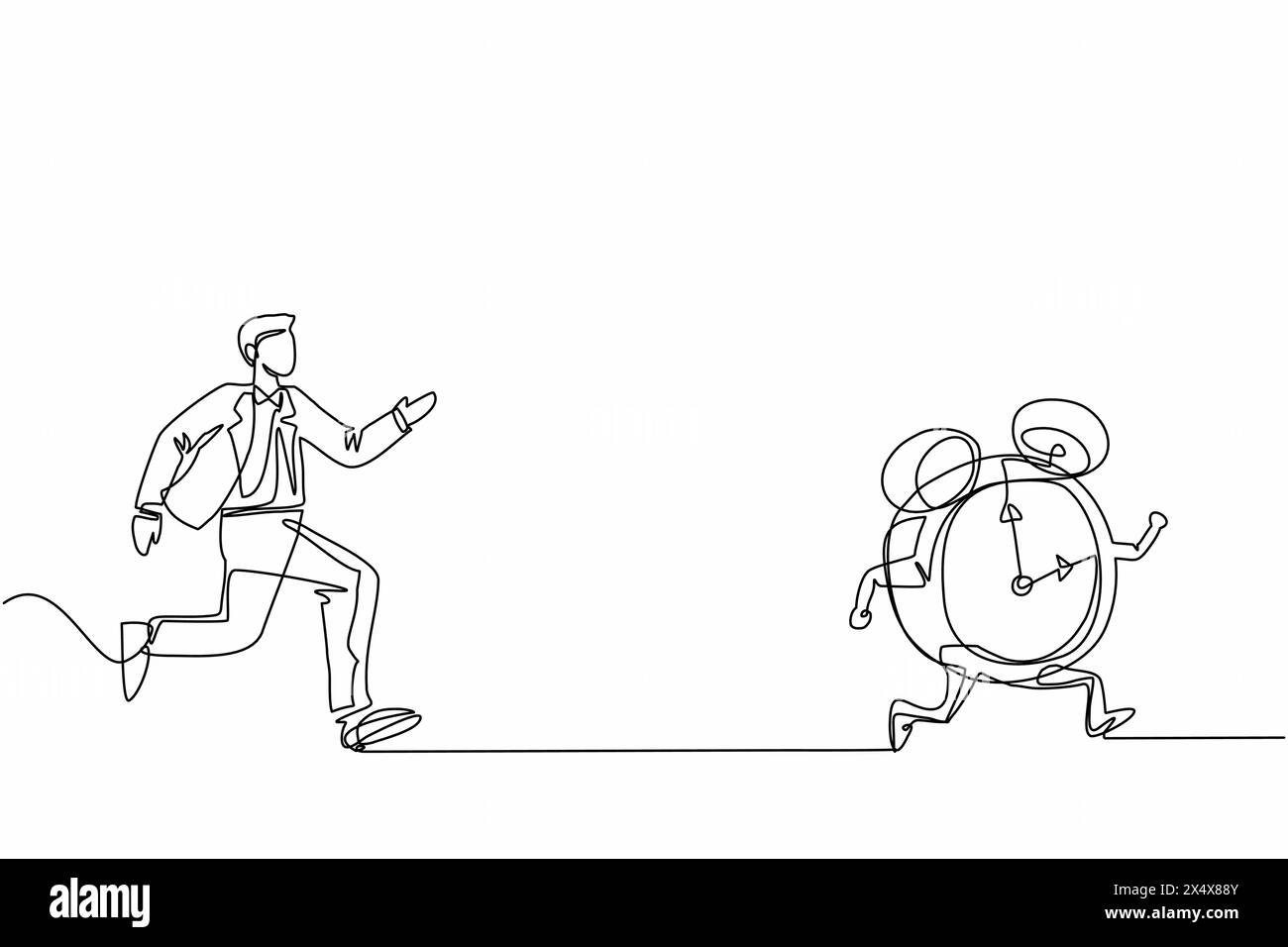 Continuous one line drawing stressed businessman chasing alarm clock ...
