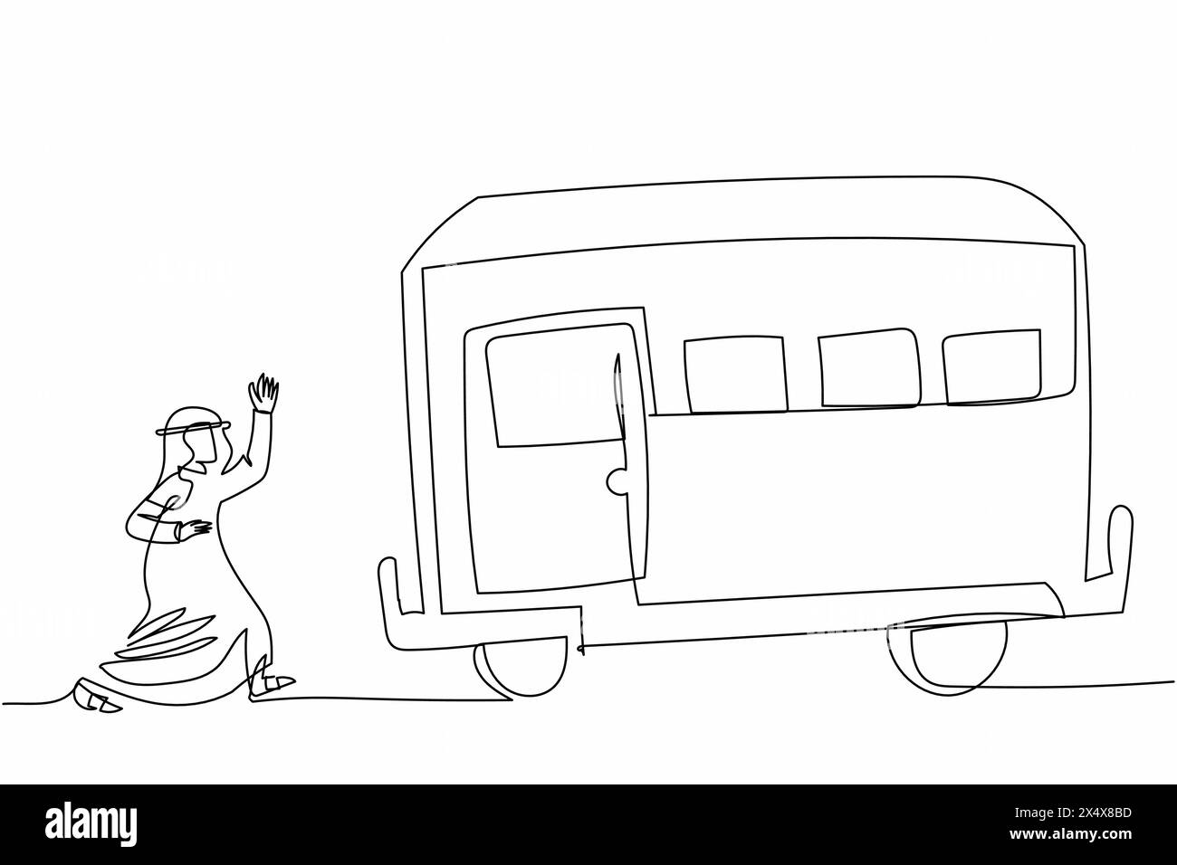 Single continuous line drawing Arab businessman running chasing train ...