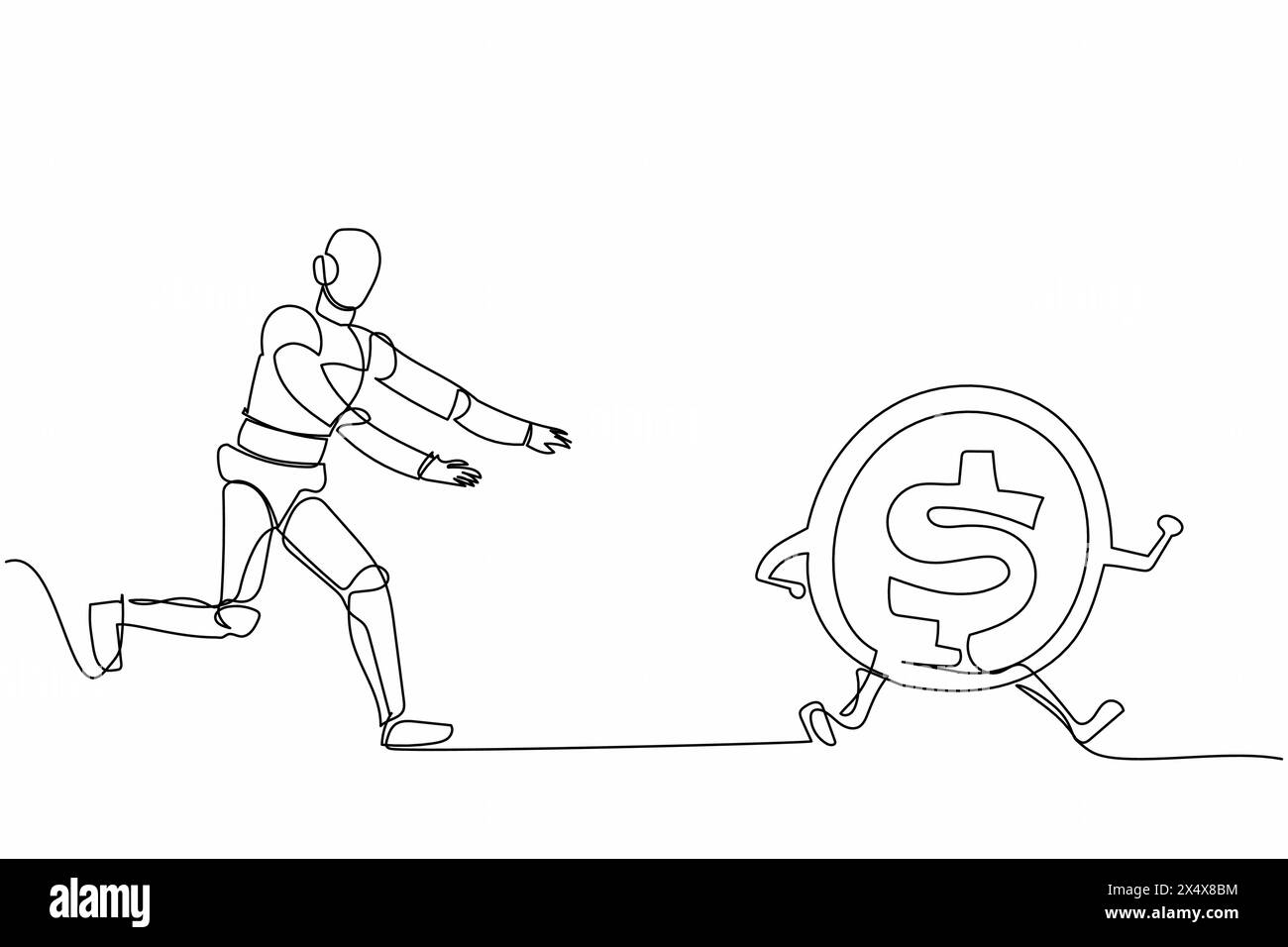 Continuous one line drawing robot chase dollar coin. Huge money in ...