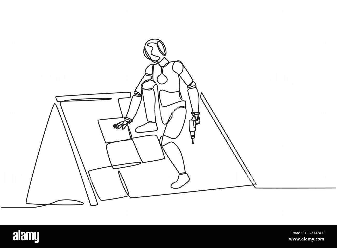 Continuous one line drawing robot roofer installing wooden or bitumen ... Continuous one line drawing robot roofer installing wooden or bitumen ...
