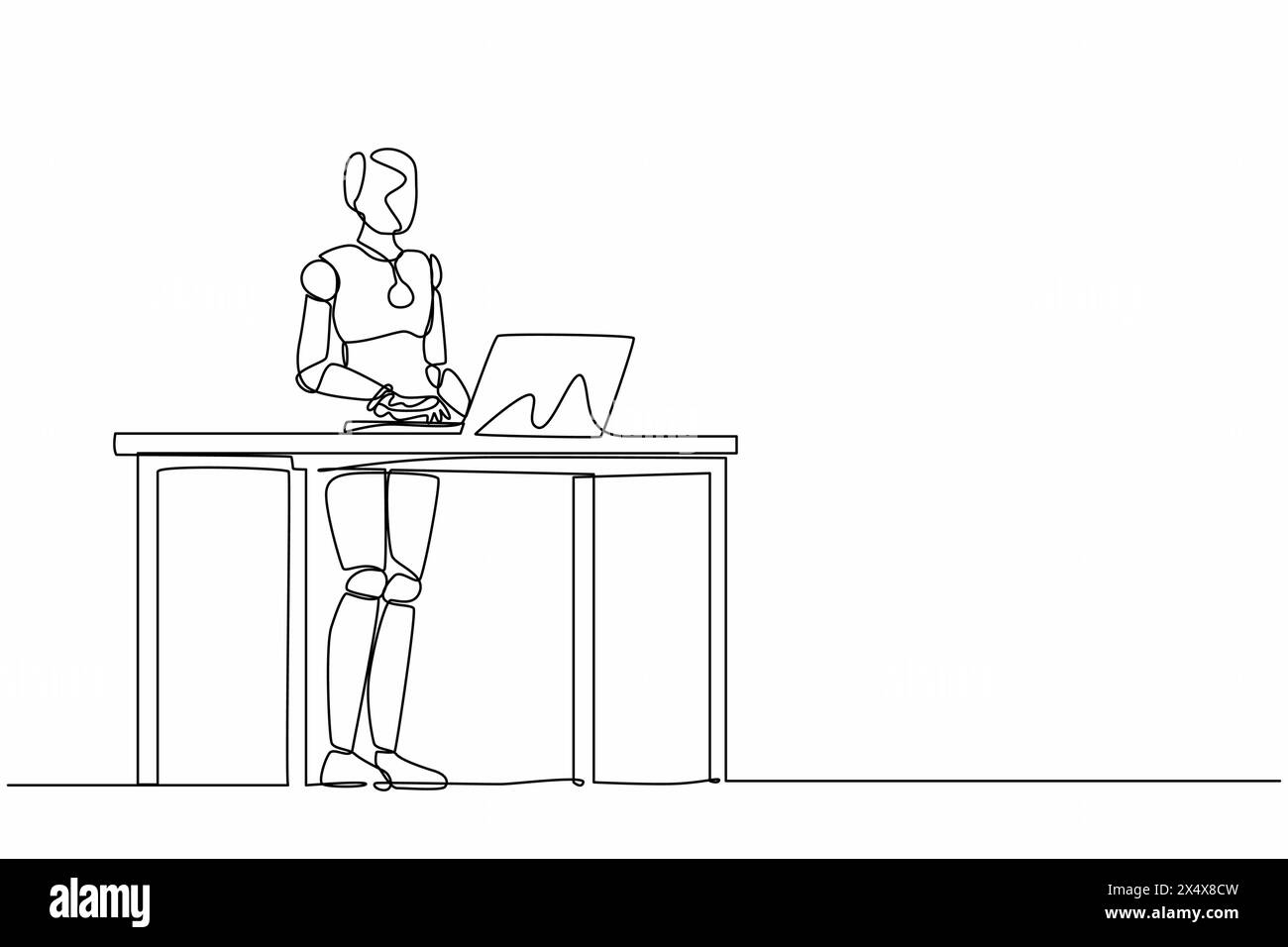 Single continuous line drawing smart robot standing and working behind ...