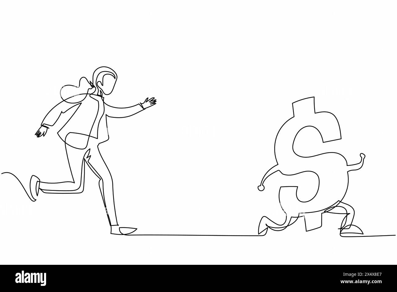 Single continuous line drawing businesswoman chasing dollar symbol ...