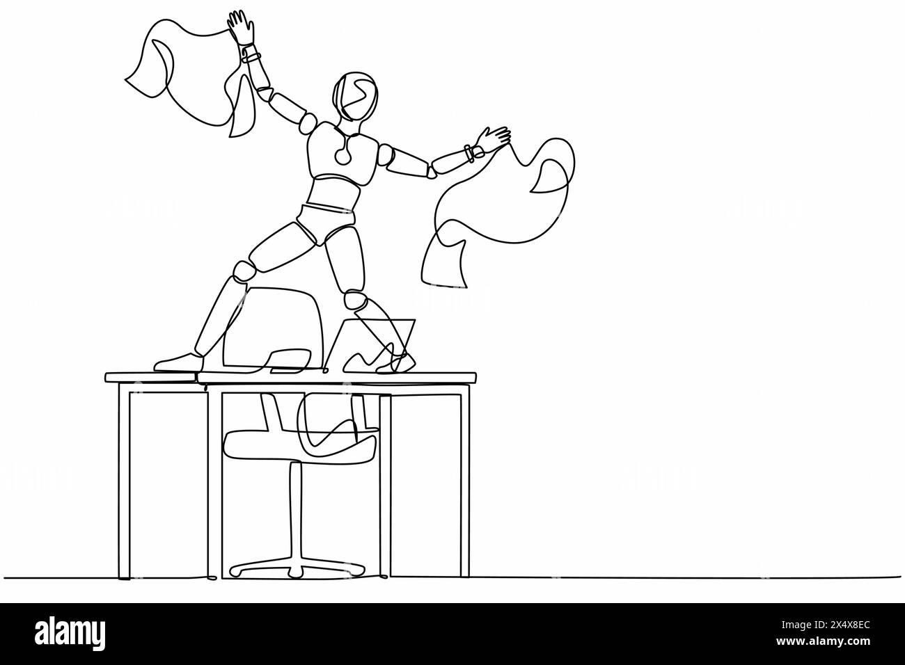Single one line drawing happy robot dancing on desk celebrating win ...