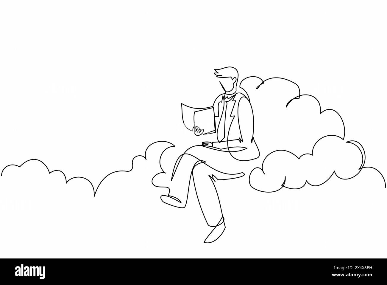 Continuous one line drawing smart businessman sitting on cloud reading ...