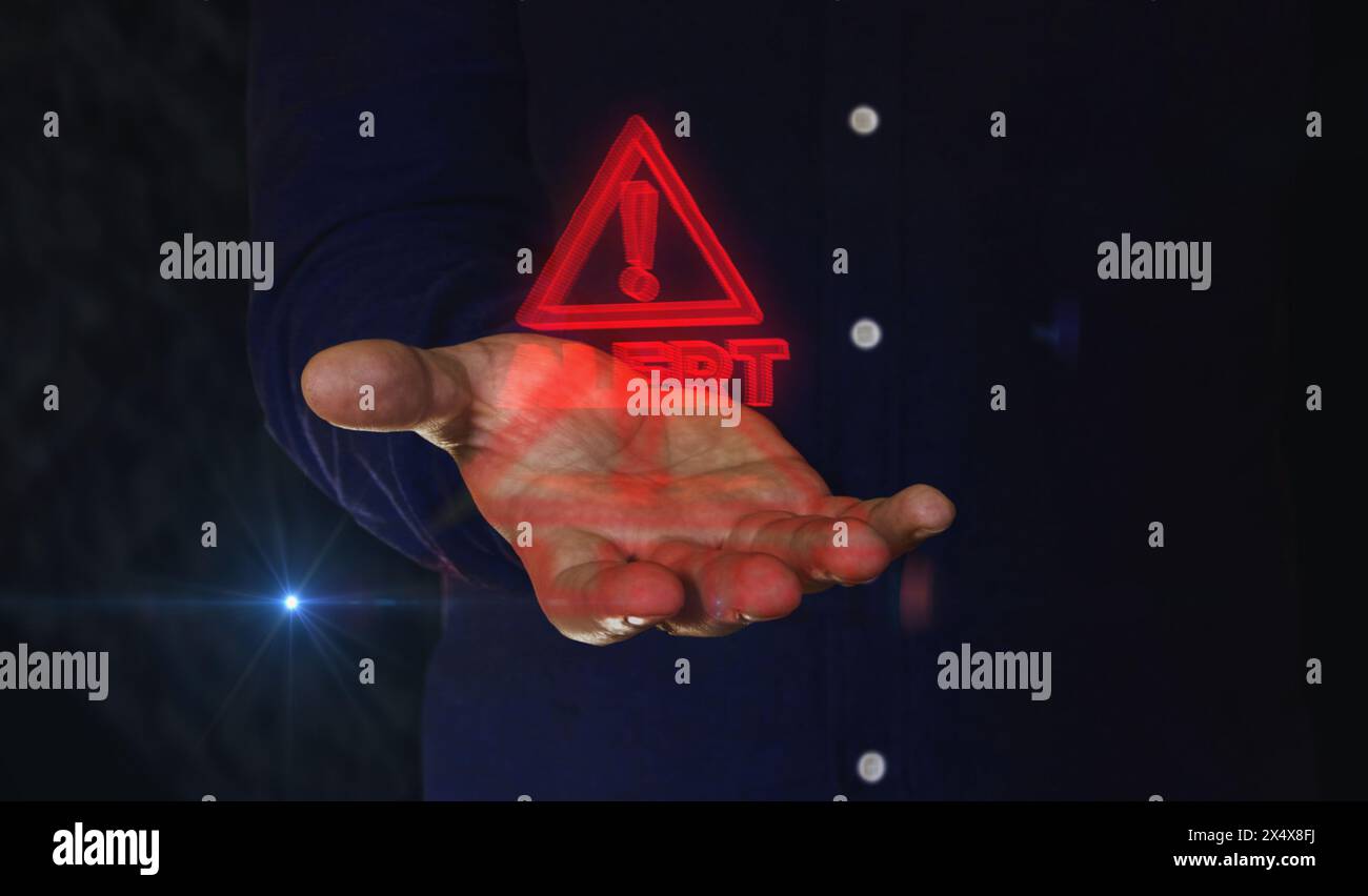 Alert warning exclamation mark 3d symbol over man hand. Cyber ...