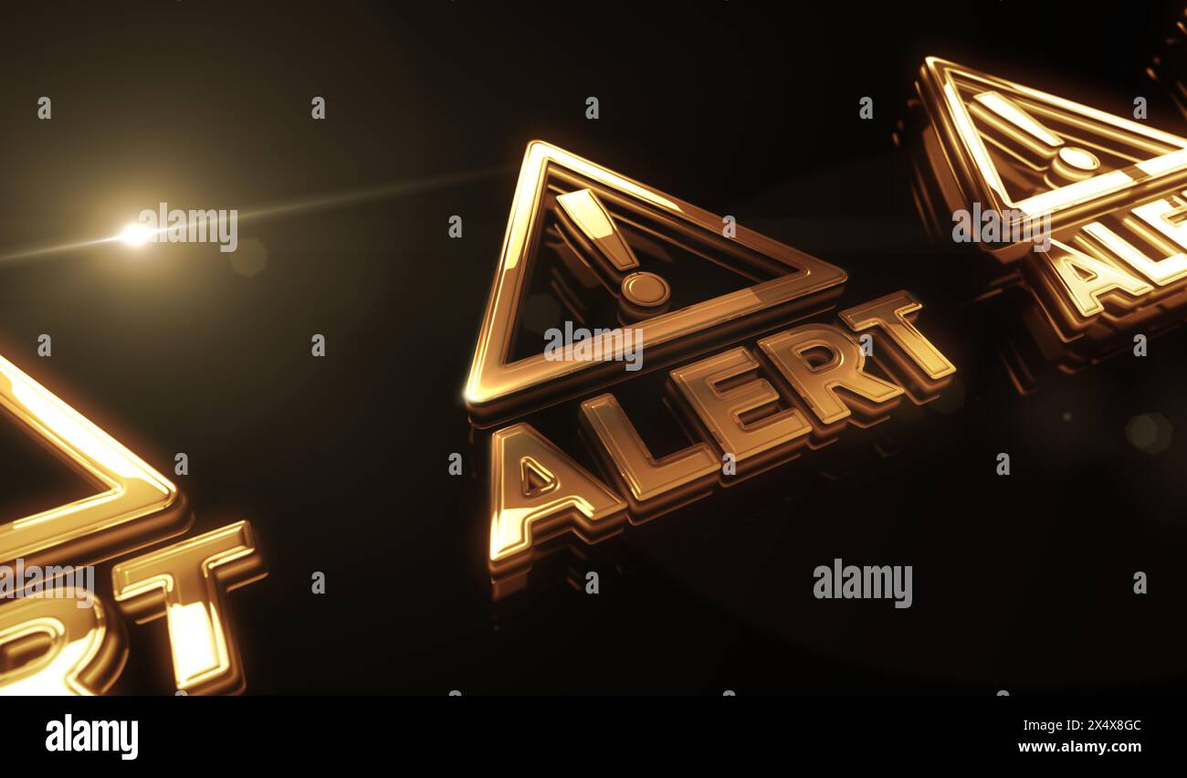 Alert warning exclamation mark golden metal shine symbol concept ...