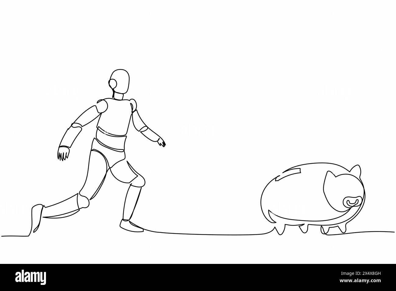 Single one line drawing robot chase piggy bank. Taking profit in ...