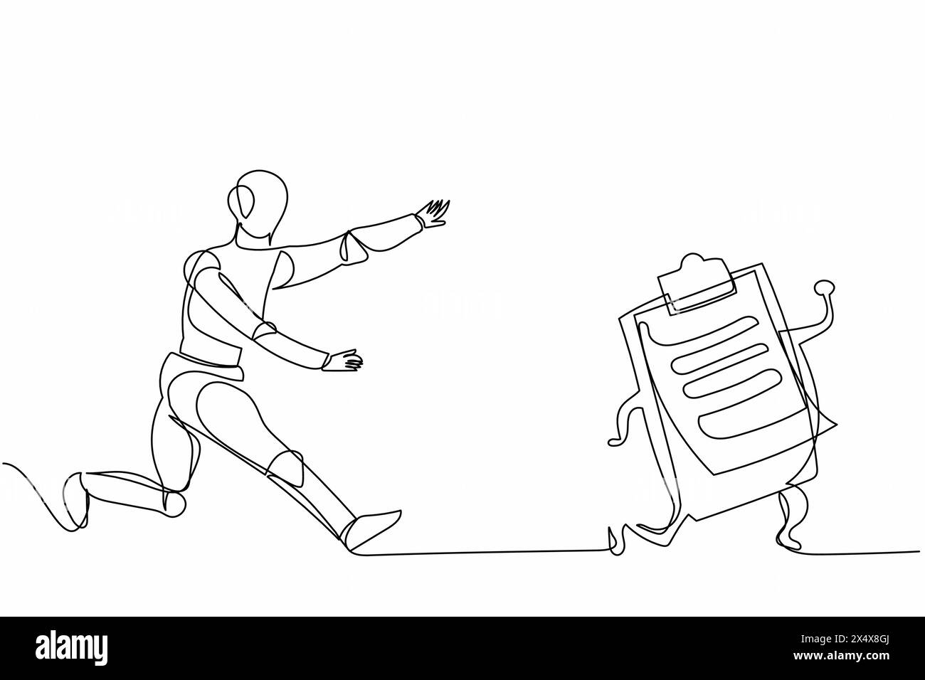 Single continuous line drawing robot chasing clipboard. Checklist ...