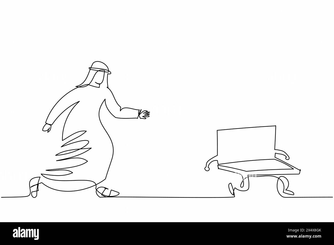 Single one line drawing Arab businessman chasing laptop. Employee who ...