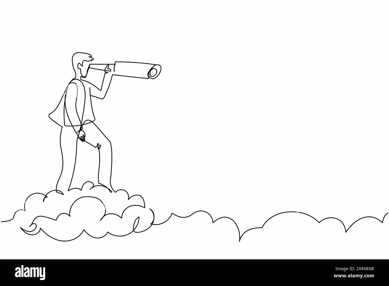 Continuous one line drawing businessman riding cloud holding telescope ...