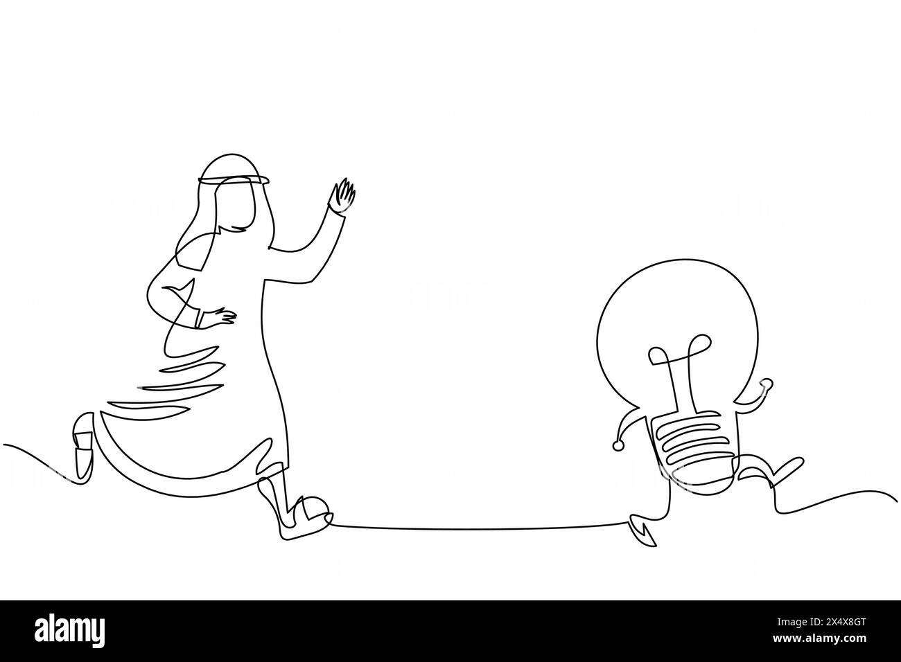 Single one line drawing Arab businessman chasing light bulb ...