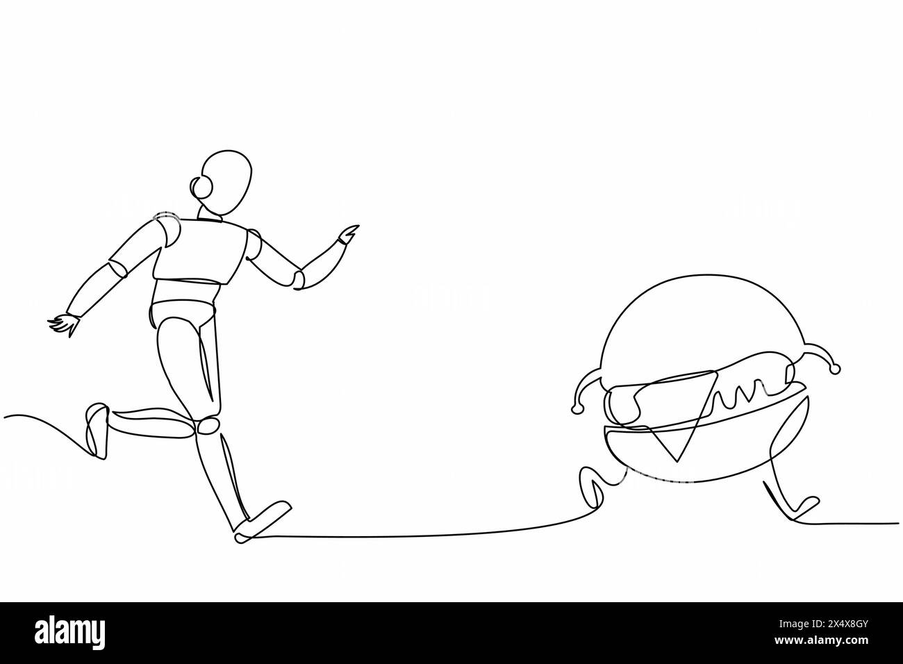 Single one line drawing robot run chasing hamburger. Food estate ...