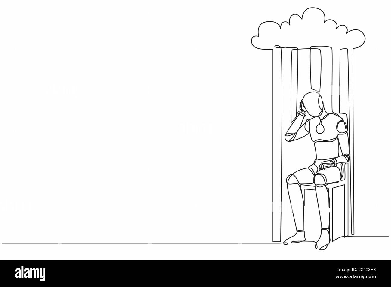 Single one line drawing robot sitting on chair under rain cloud. Future ...