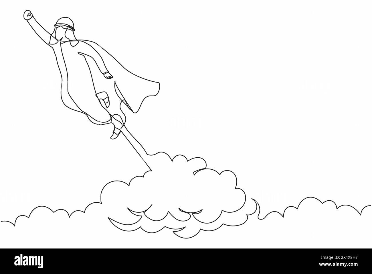 Single continuous line drawing super Arab businessman flying up to the ...