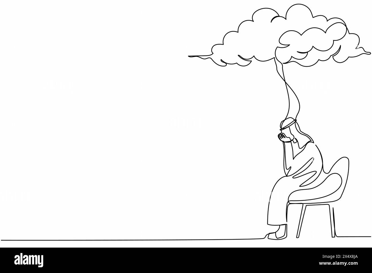 Single continuous line drawing sadness Arab businessman sitting on ...