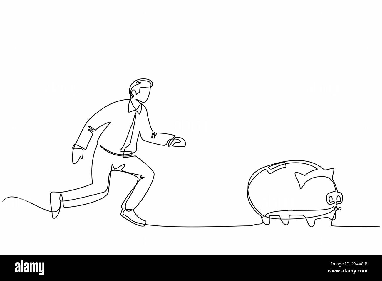 Single continuous line drawing businessman chasing piggy bank, trying ...