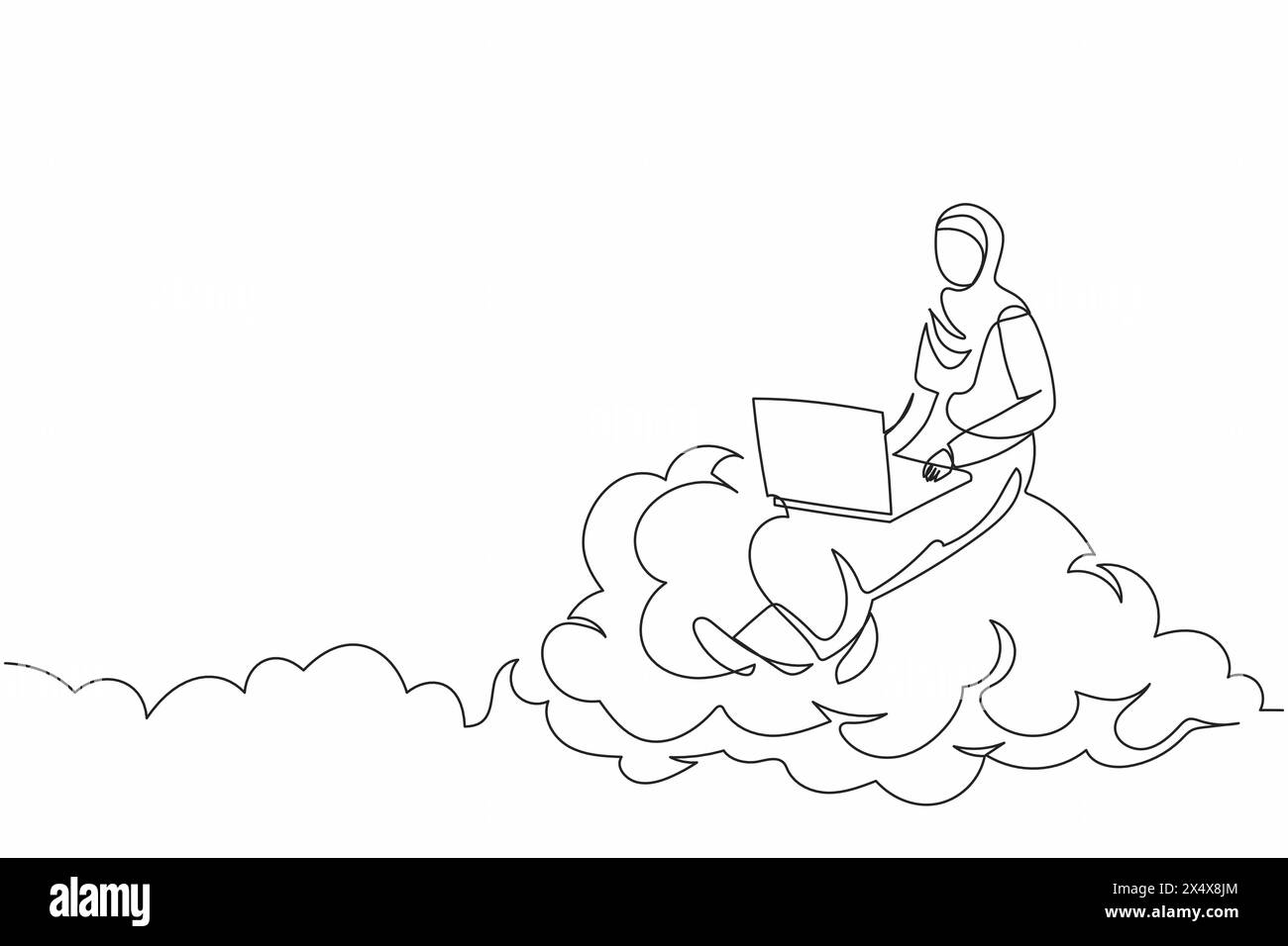 Continuous one line drawing Arabian businesswoman sitting on cloud with ...