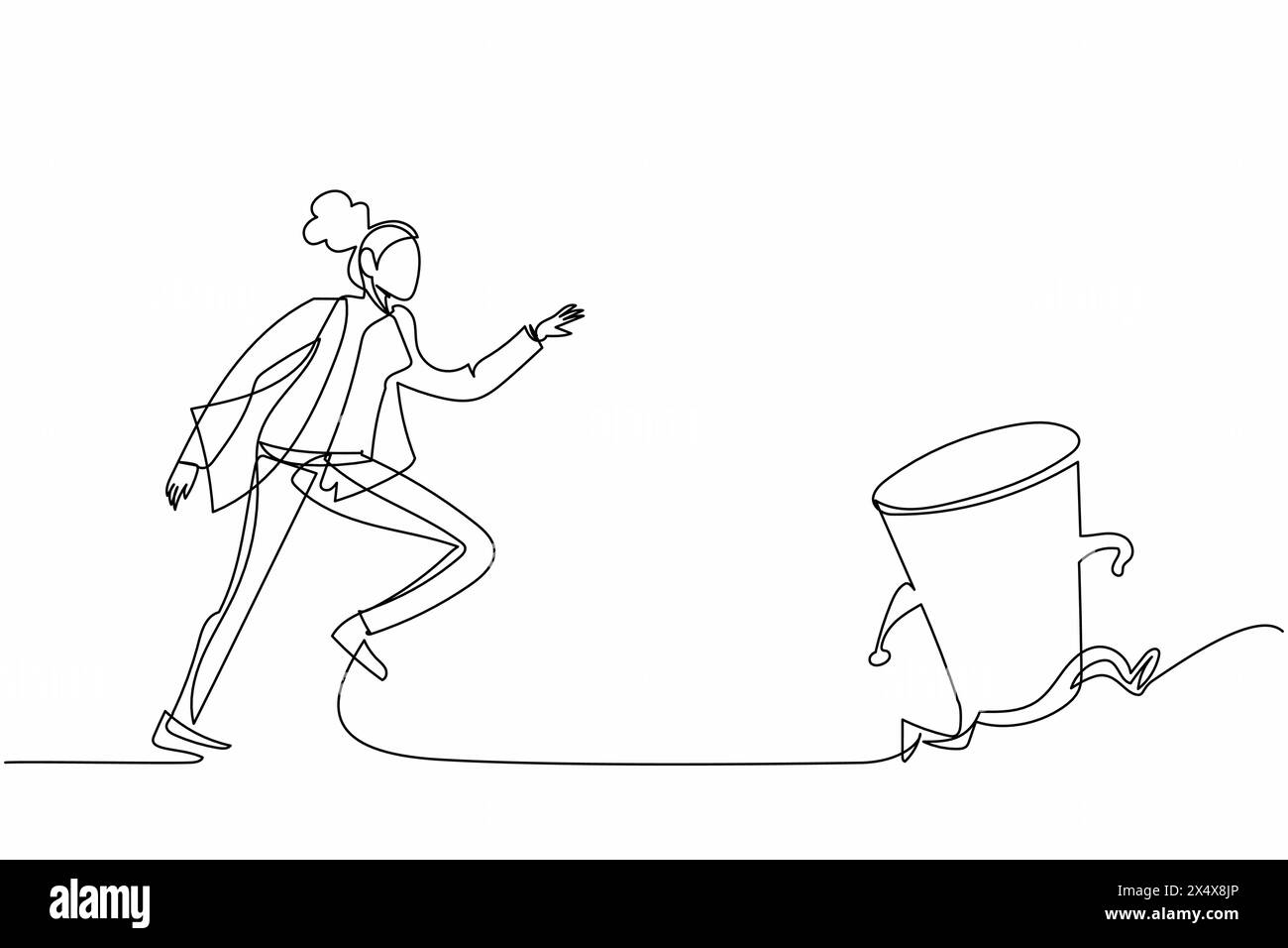 Single one line drawing businesswoman run chasing try to catch paper ...