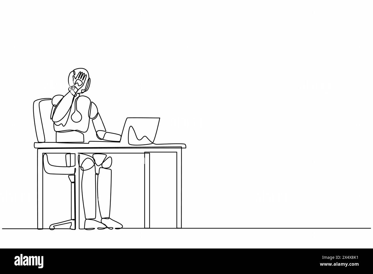 Continuous one line drawing robot work at laptop feeling bad, headache ...