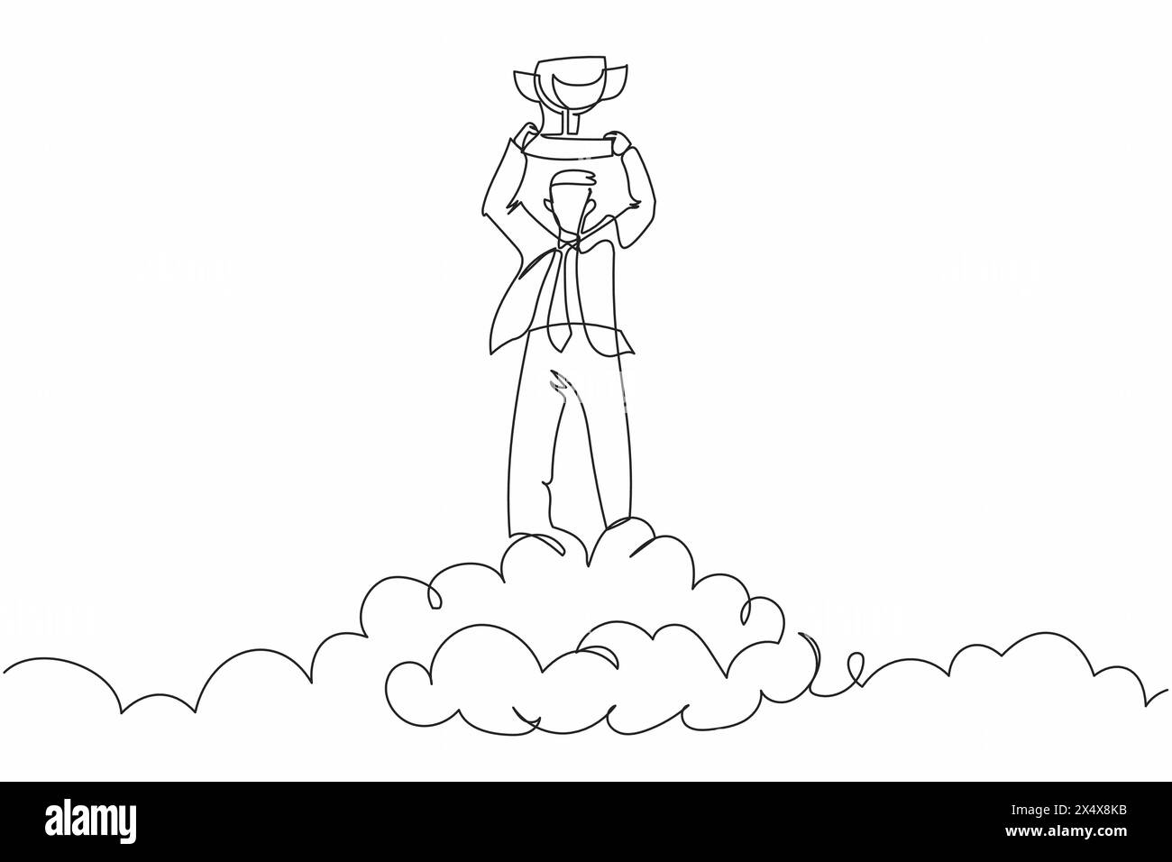 Single one line drawing businessman holding trophy in cloud. Manager ...