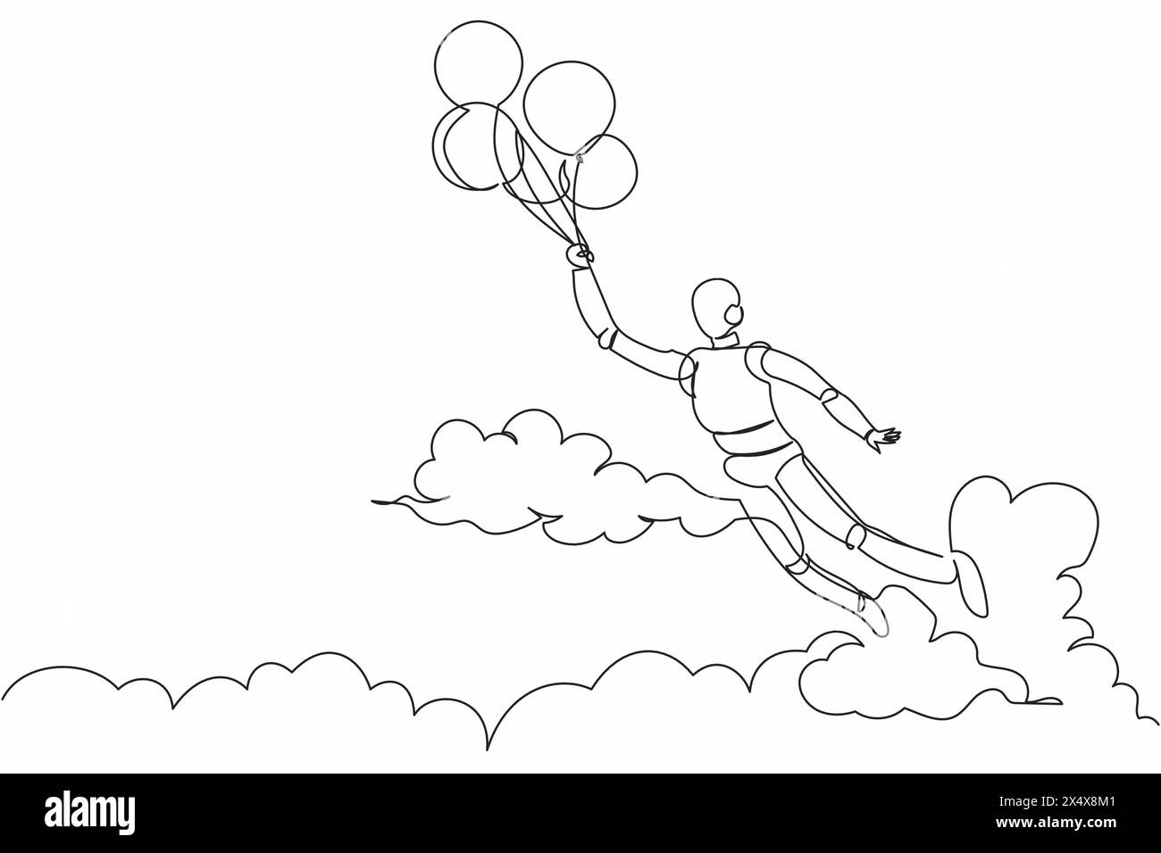 Single one line drawing robot flying with balloon air. Achieve ...