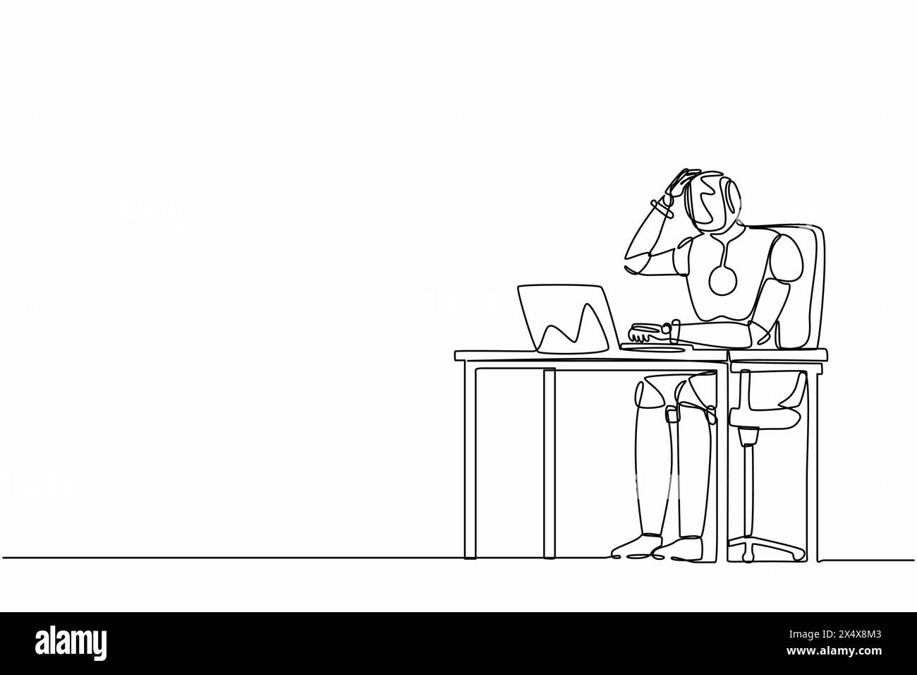 Single one line drawing confused robot manager working on computer ...