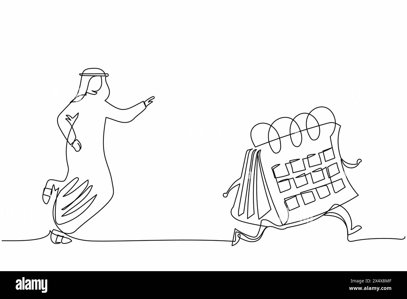 Single continuous line drawing Arab businessman chasing calendar ...