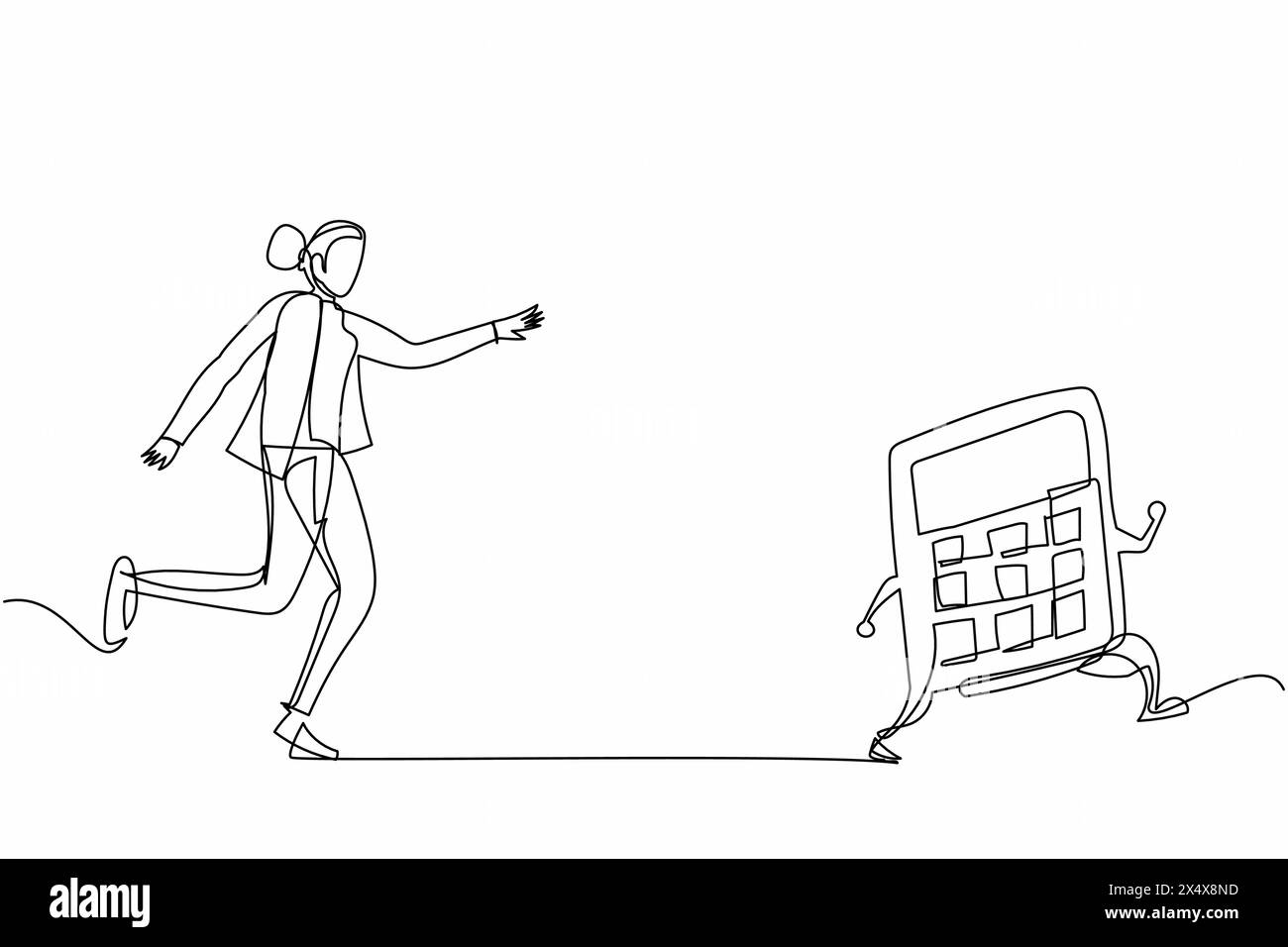 Continuous one line drawing businesswoman chasing calculator. Math ...