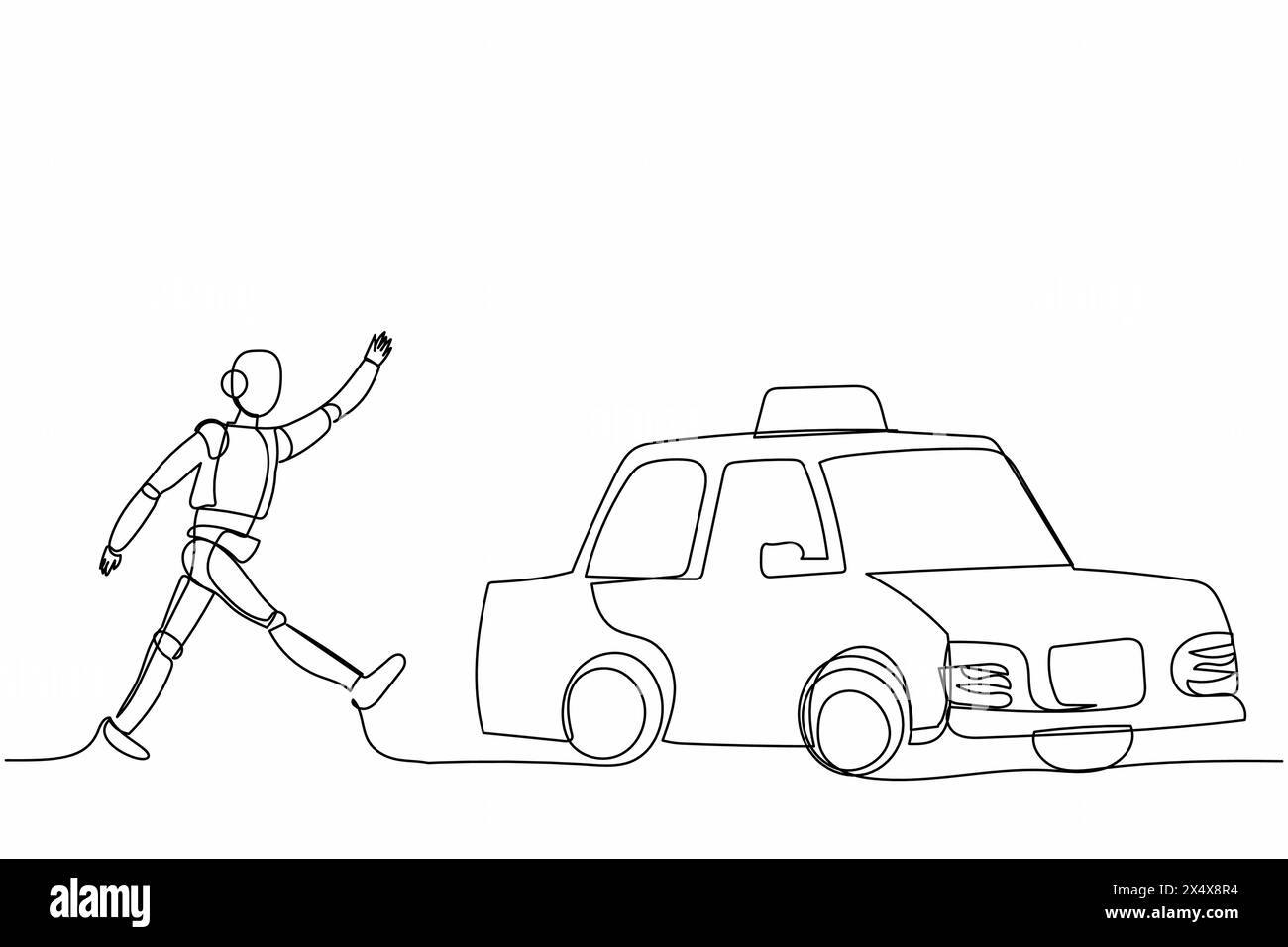 Continuous one line drawing robot running chasing taxi cab. Digitally ...