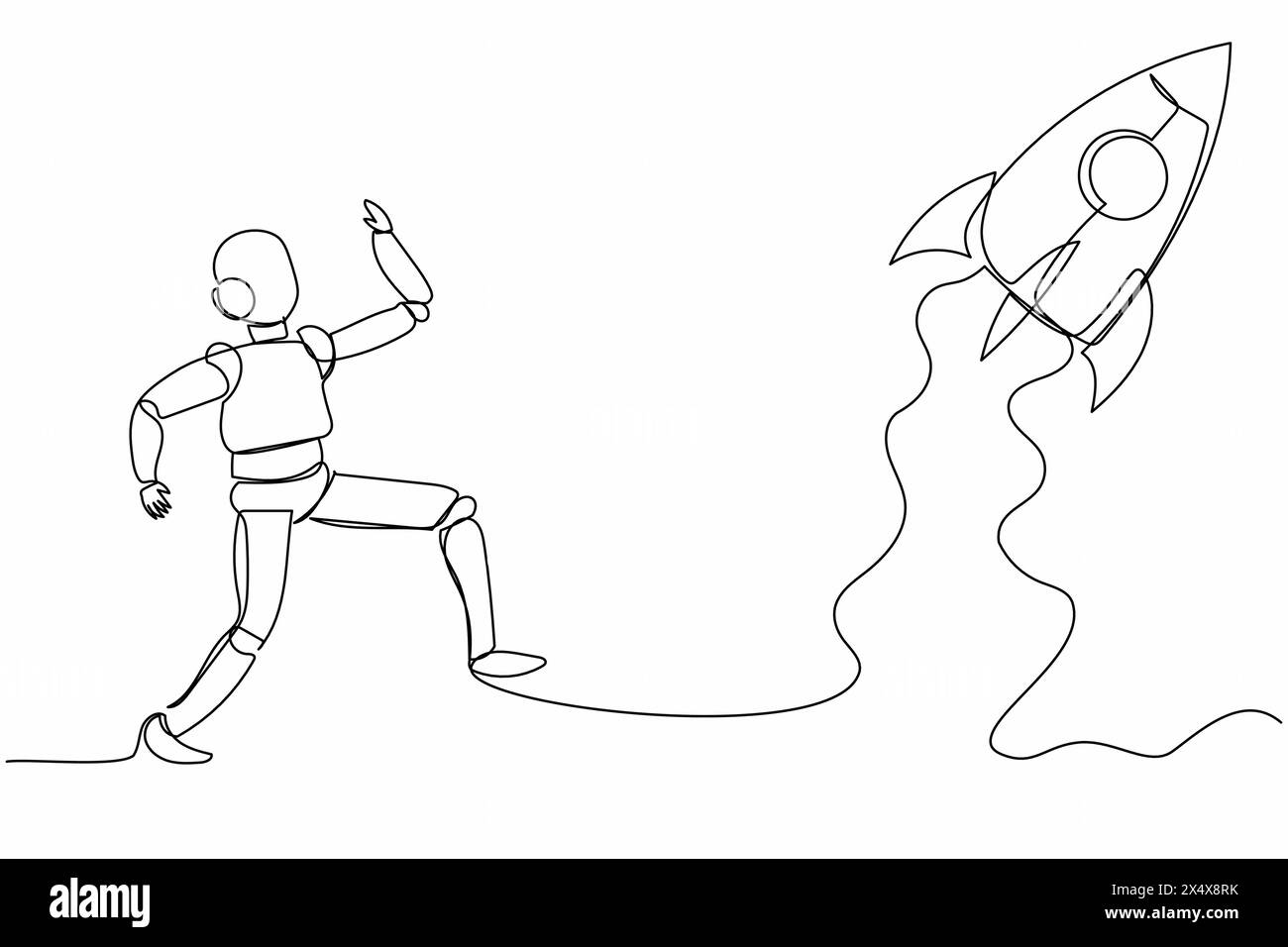 Single continuous line drawing robot run chasing rocket take off ...