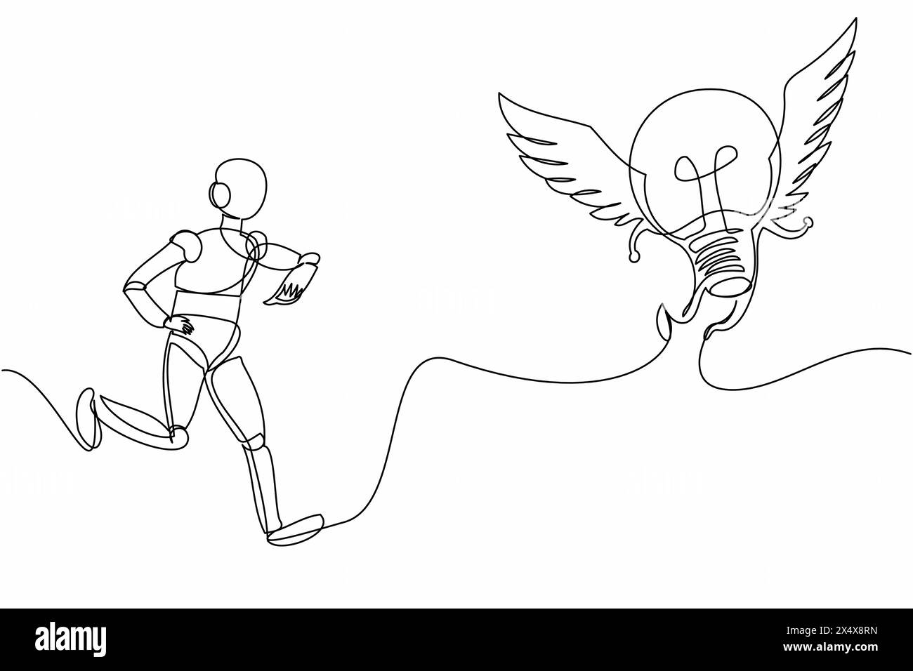 Single one line drawing robot chasing flying light bulb. Searching ...