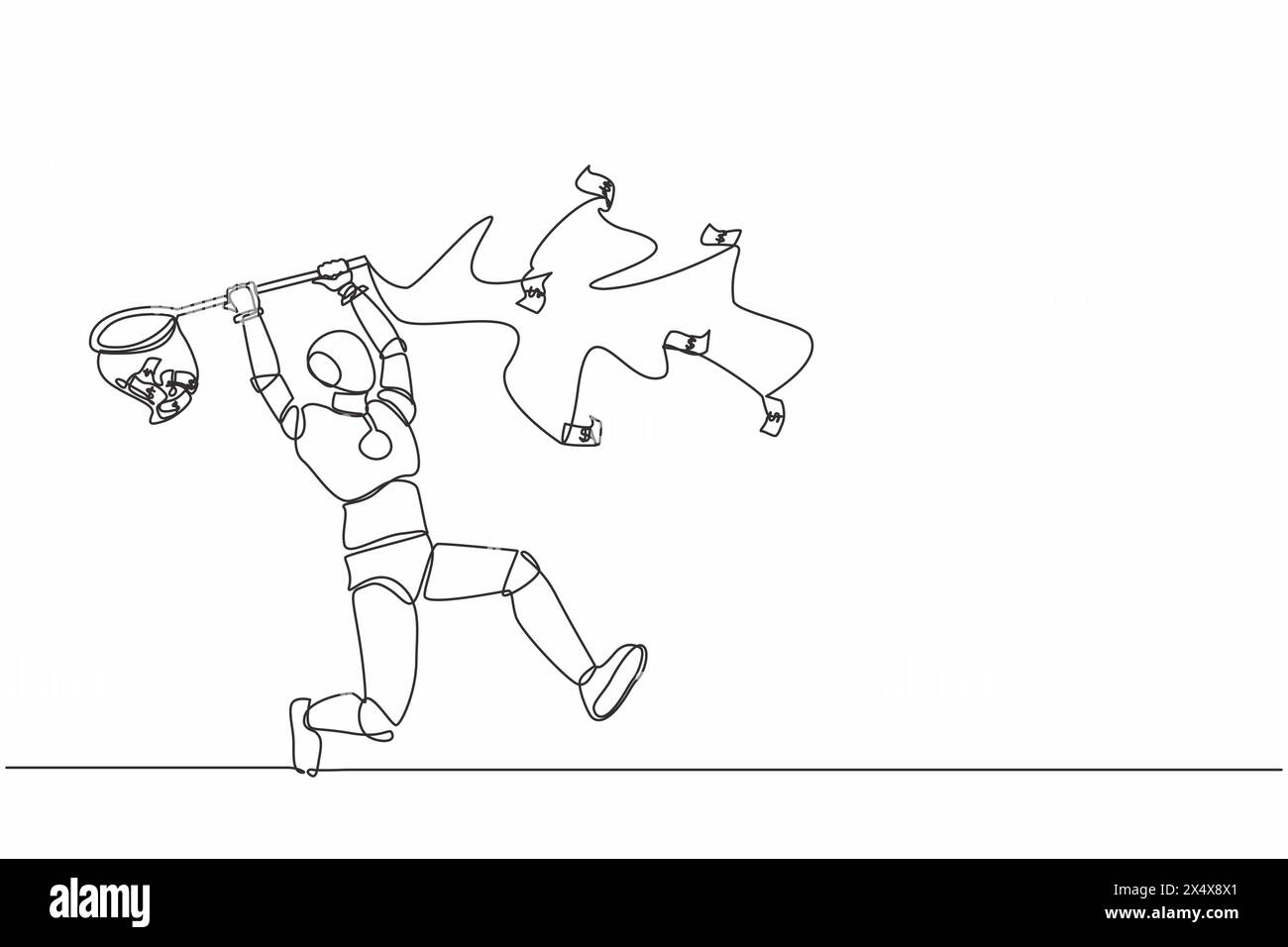 Single continuous line drawing robot trying to catch flying money with ...