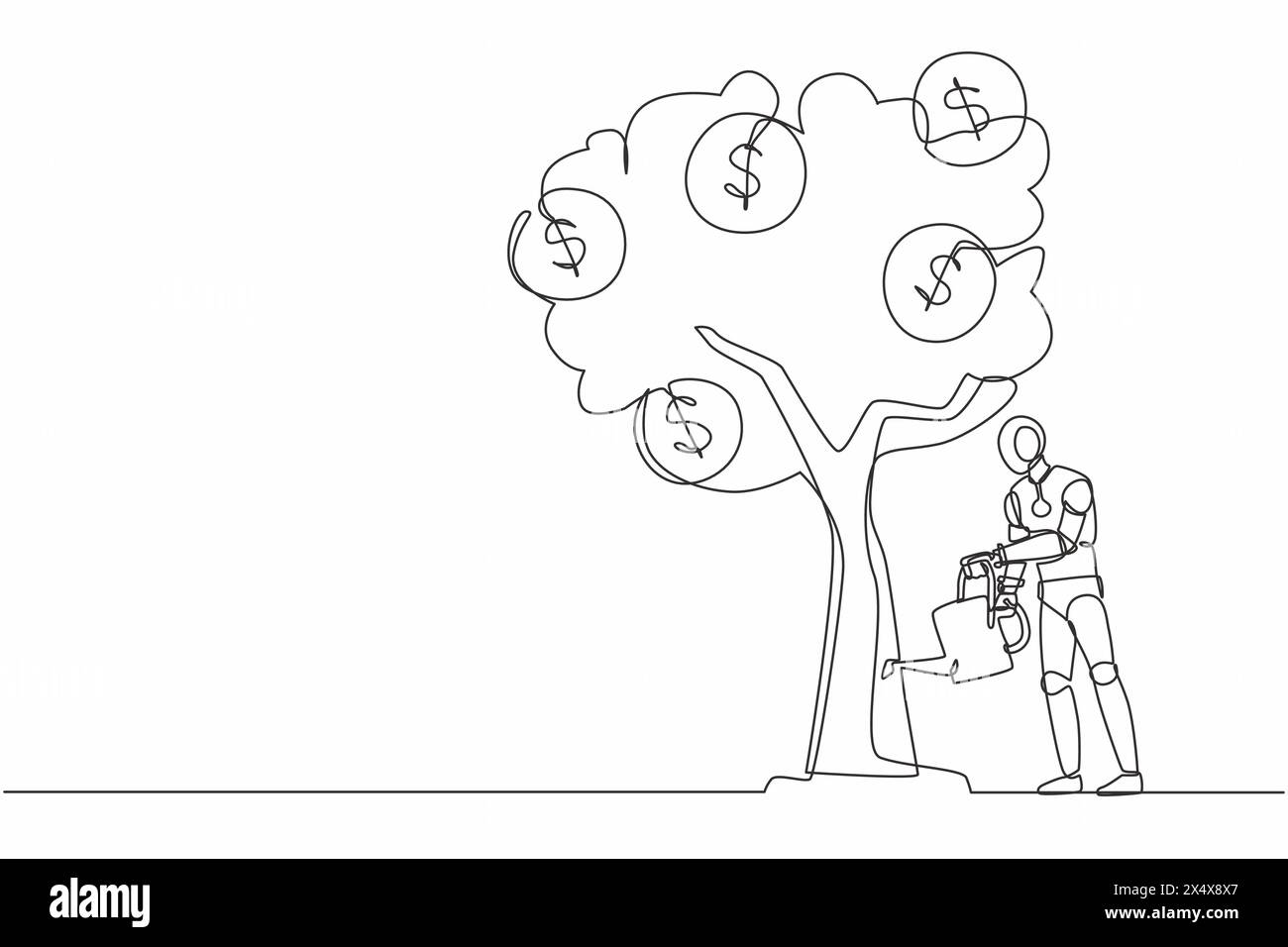Single continuous line drawing robot watering tree with coins dollar ...