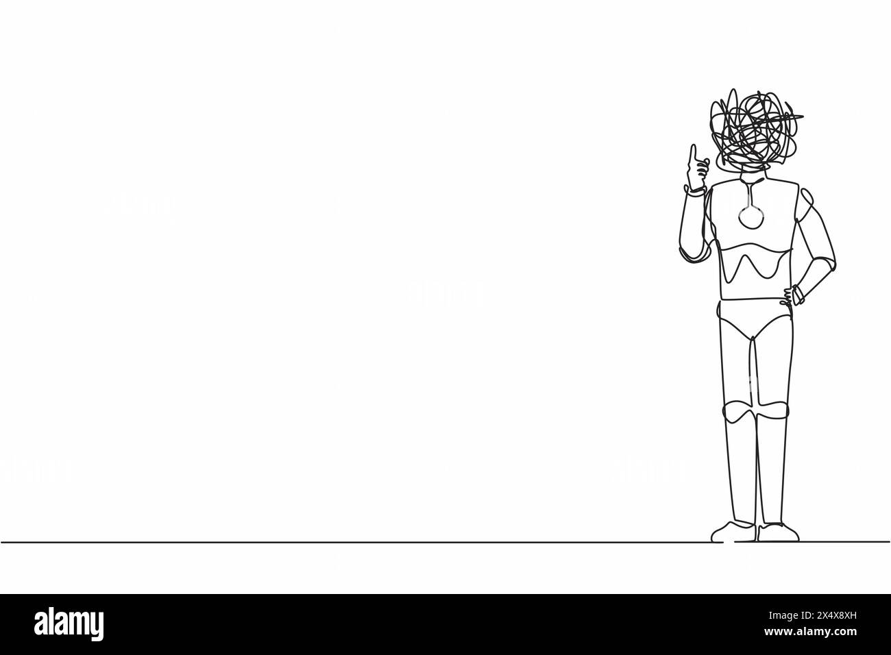 Single continuous line drawing robot with round scribbles instead of head, index finger up ...