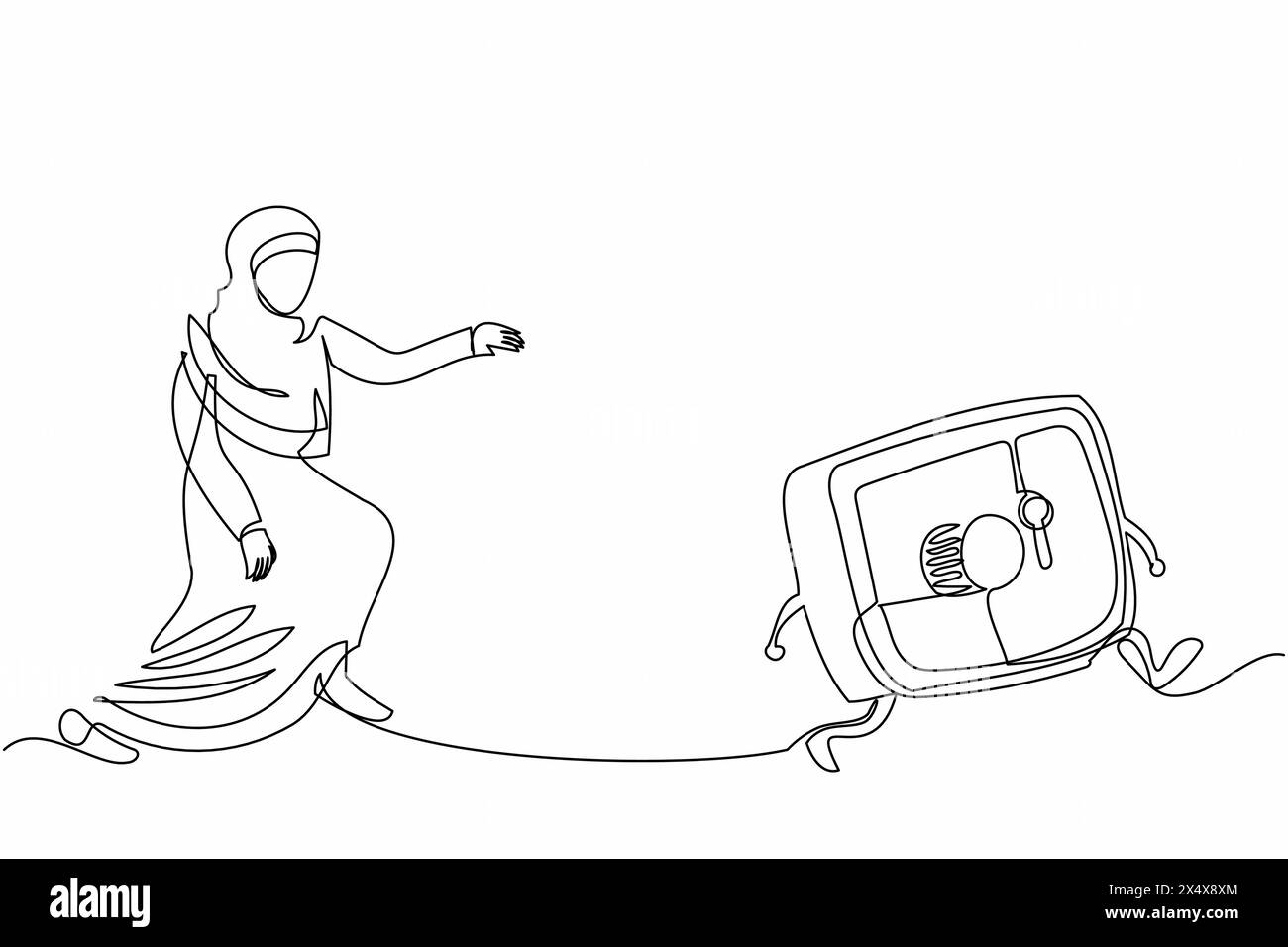 Single one line drawing Arabian businesswoman chasing deposit box ...