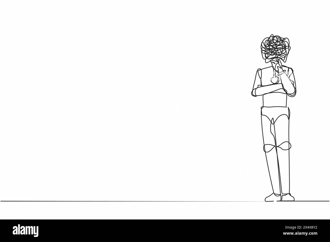 Single one line drawing robot with round scribbles instead of head, standing holding chin ...