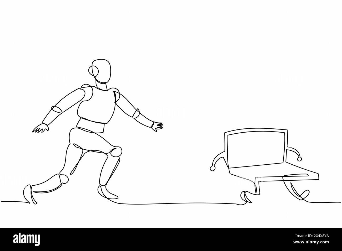Single continuous line drawing robot chasing laptop computer. Deadline ...