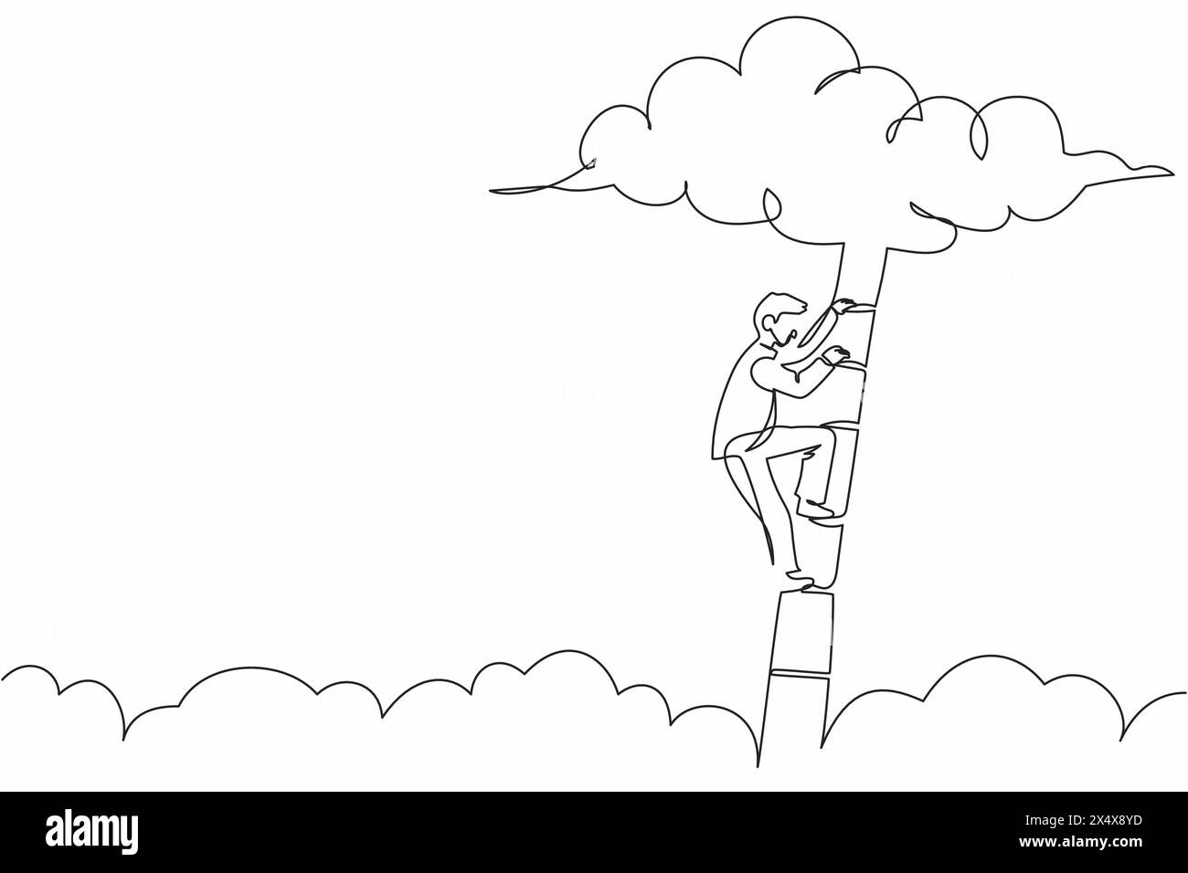 Single continuous line drawing businessman climbing up ladder to cloud ...