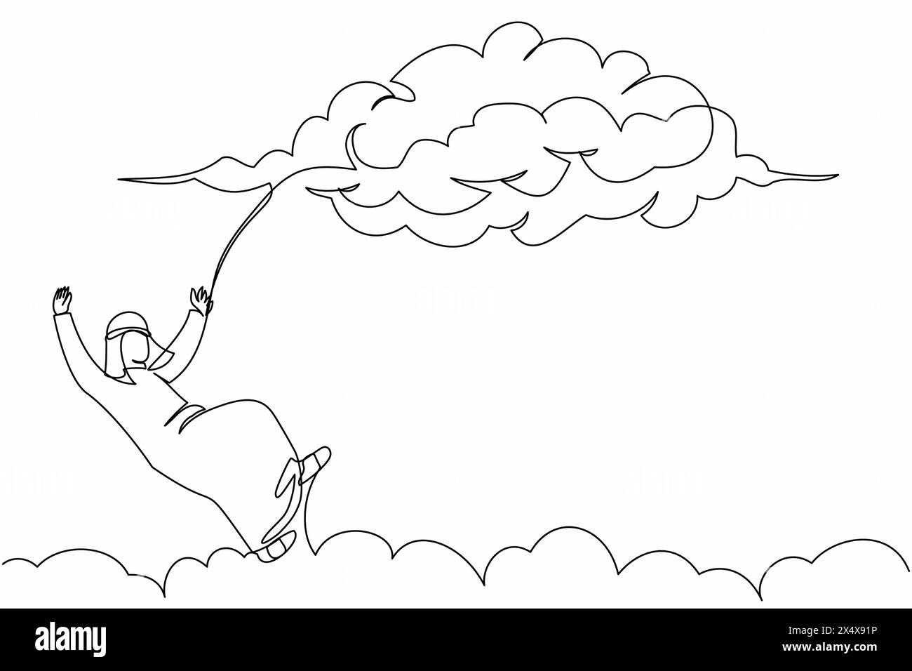 Single continuous line drawing Arab businessman falling from cloud sky ...