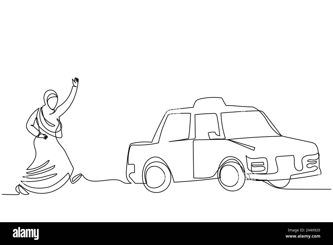 Single continuous line drawing Arabian businesswoman chasing taxi ...