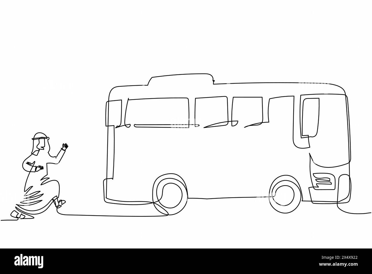 Single one line drawing Arab businessman running chasing bus. Male ...