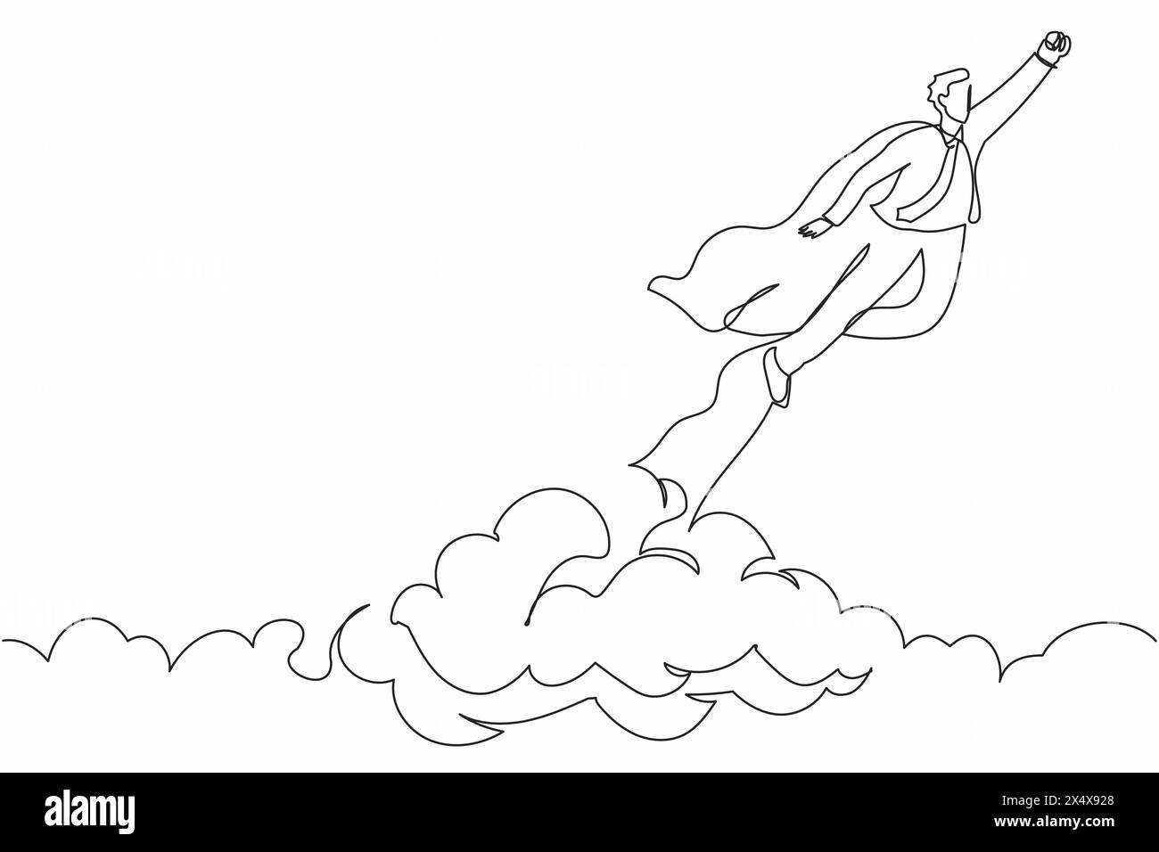 Continuous one line drawing super hero businessman flying up cloud ...