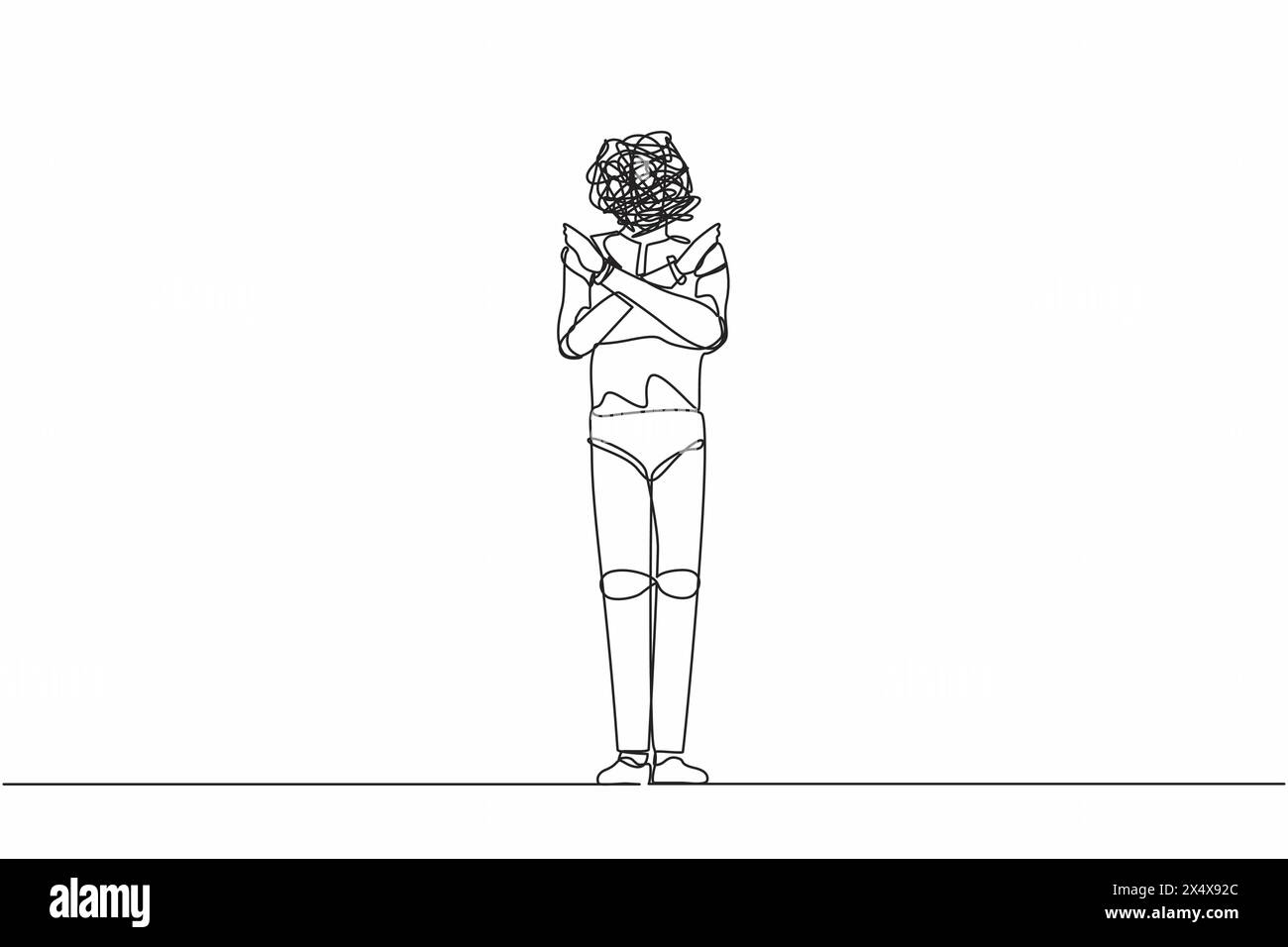 Single one line drawing robot with round scribbles instead of head ...