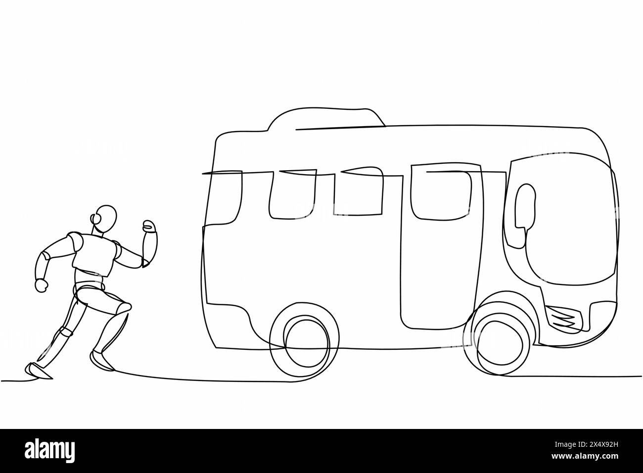 Single one line drawing robot run chasing bus. Tech system analysis in ...