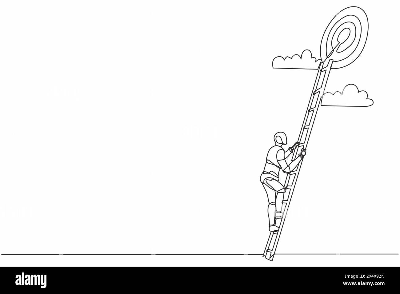 Single one line drawing robot rises up stairs to top of target ...