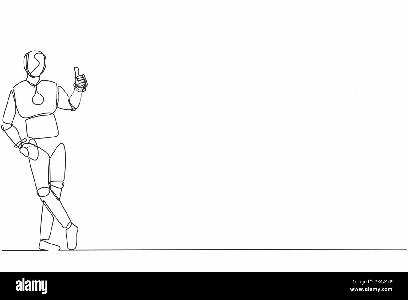 Single one line drawing robot standing or leaning with thumbs up ...