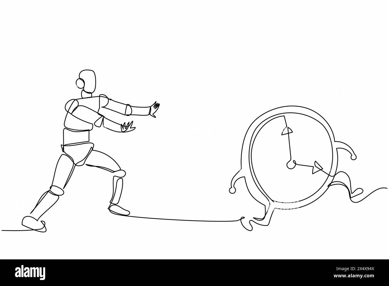 Single continuous line drawing robot chase clock time. Time management ...