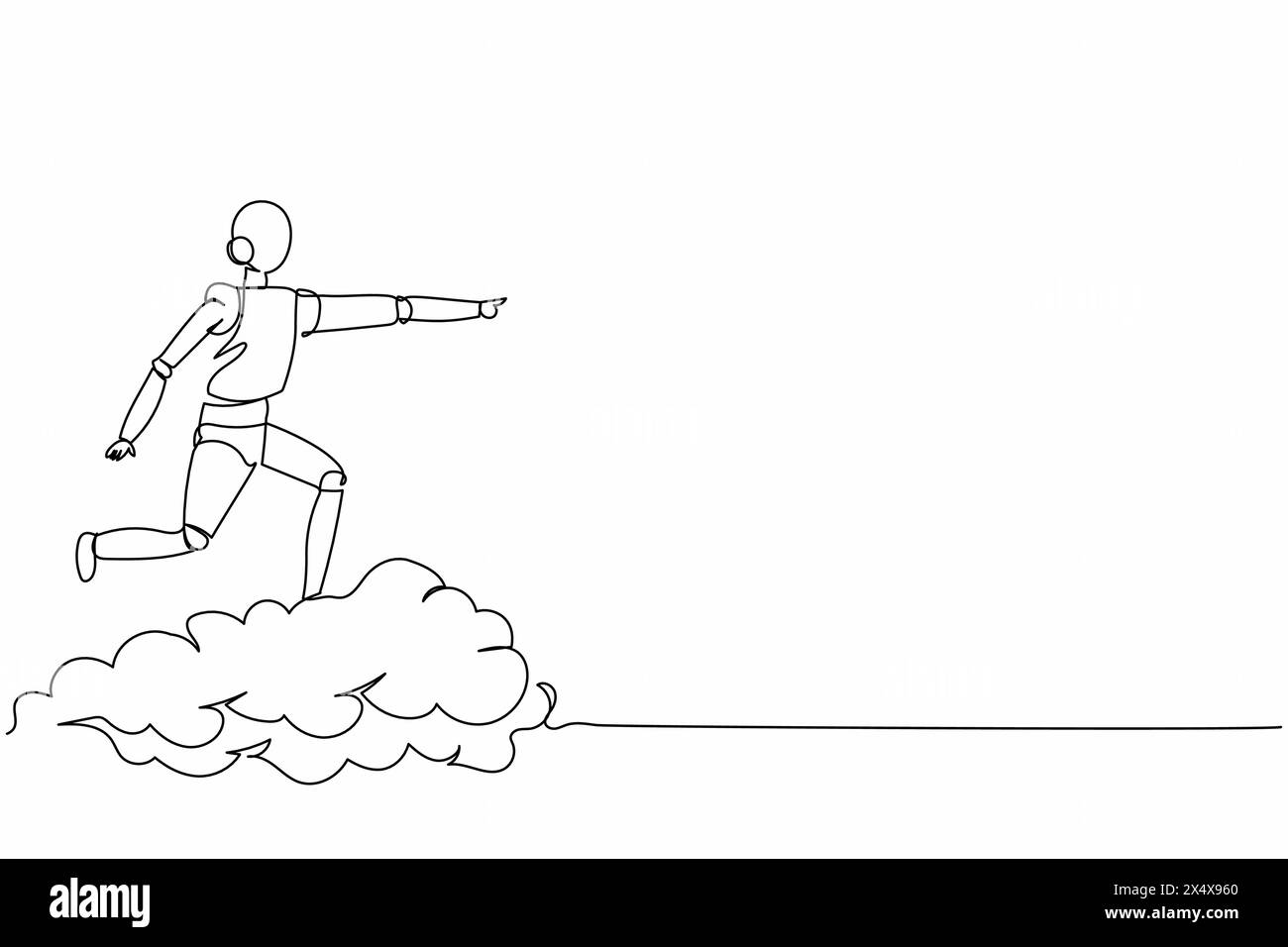 Single continuous line drawing robot riding cloud on the sky, pointing ...